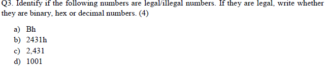 Solved Q3. Identify if the following numbers are legal | Chegg.com