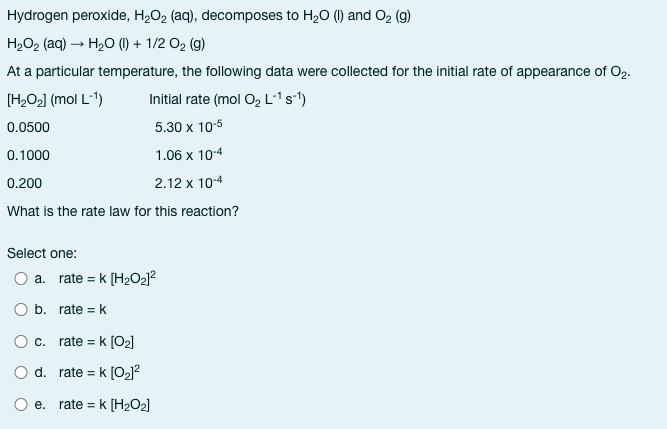 Solved Hydrogen peroxide, H2O2 (aq), decomposes to H20 (1) | Chegg.com