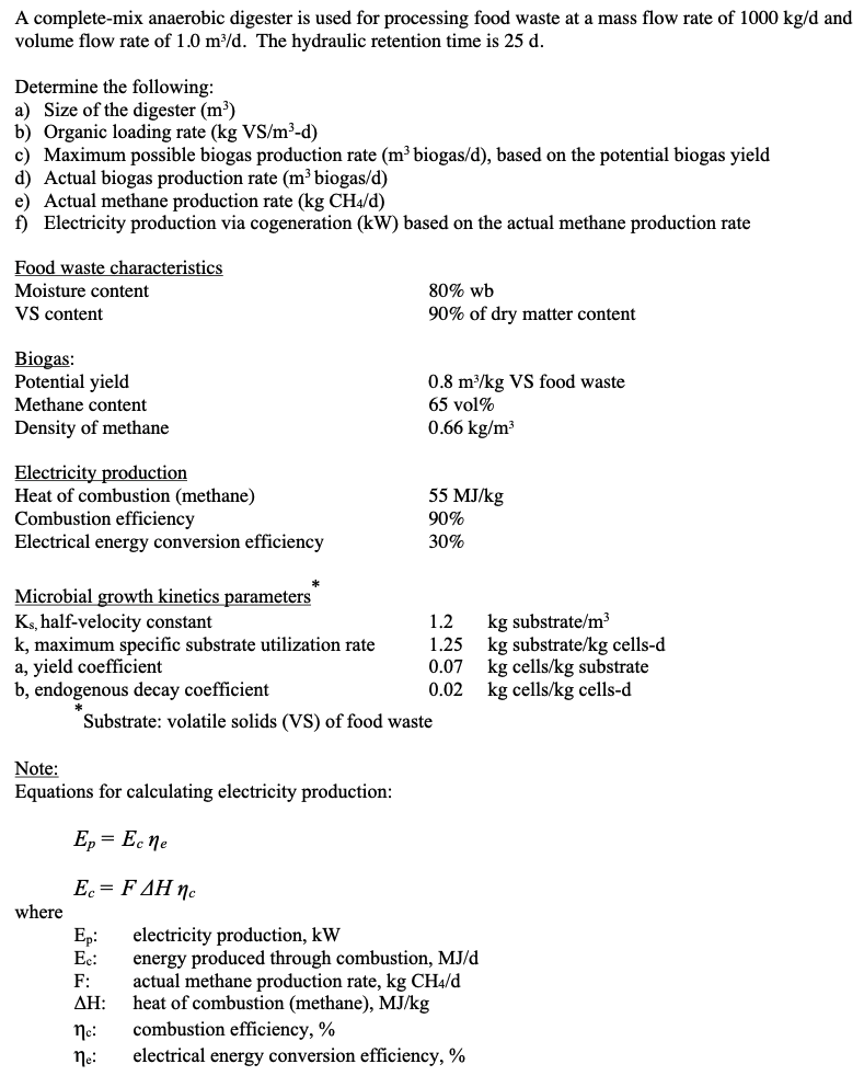 Solved A complete-mix anaerobic digester is used for | Chegg.com