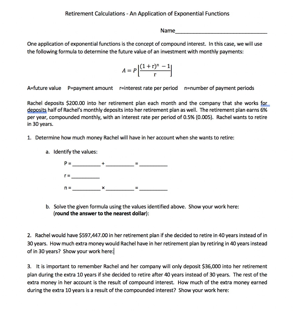 Solved Retirement Calculations An Application of Exponential | Chegg.com