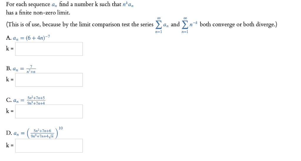 Solved For each sequence a, find a number k such that nkan | Chegg.com