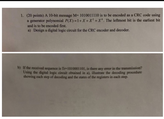 Solved (20 points) A 10-bit message M-1010011 110 is to be | Chegg.com