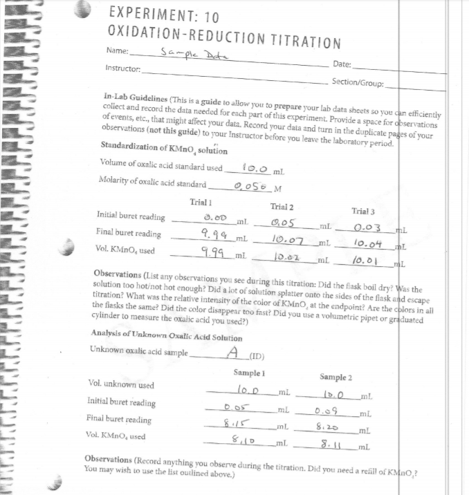 Solved EXPERIMENT: 10 OXIDATION-REDUCTION TITRATION Sample | Chegg.com