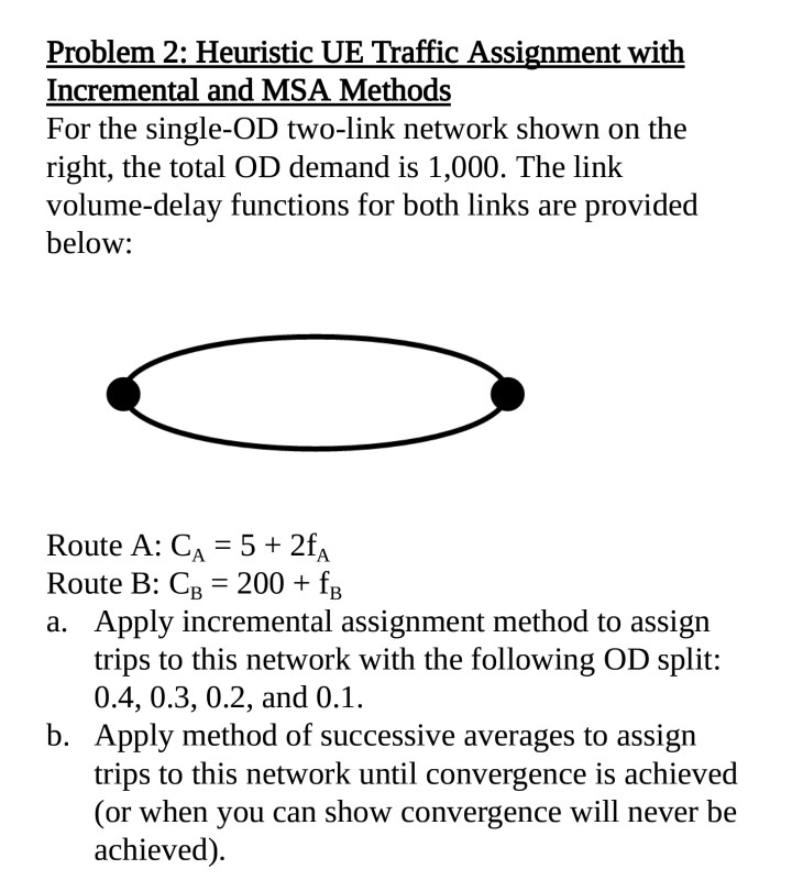 Problem 2: Heuristic UE Traffic Assignment with | Chegg.com