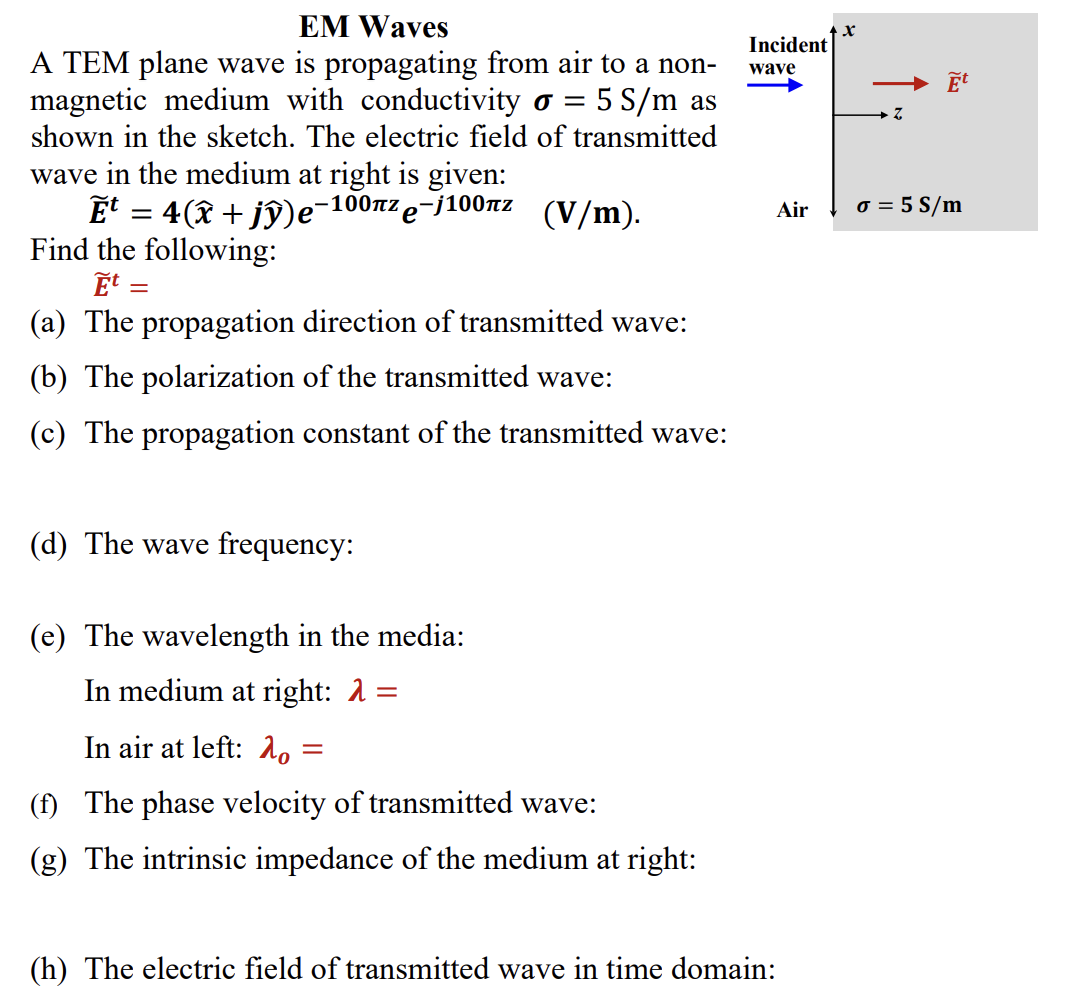 Solved EM Waves A TEM plane wave is propagating from air to | Chegg.com