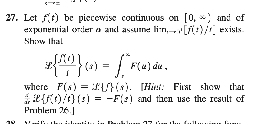 27. Let f(t) be piecewise continuous on [0,∞) and of | Chegg.com