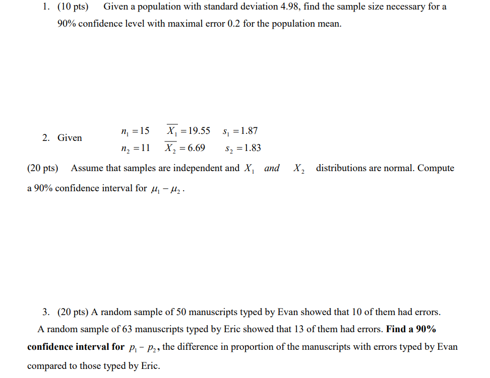 1. (10 pts) Given a population with standard | Chegg.com