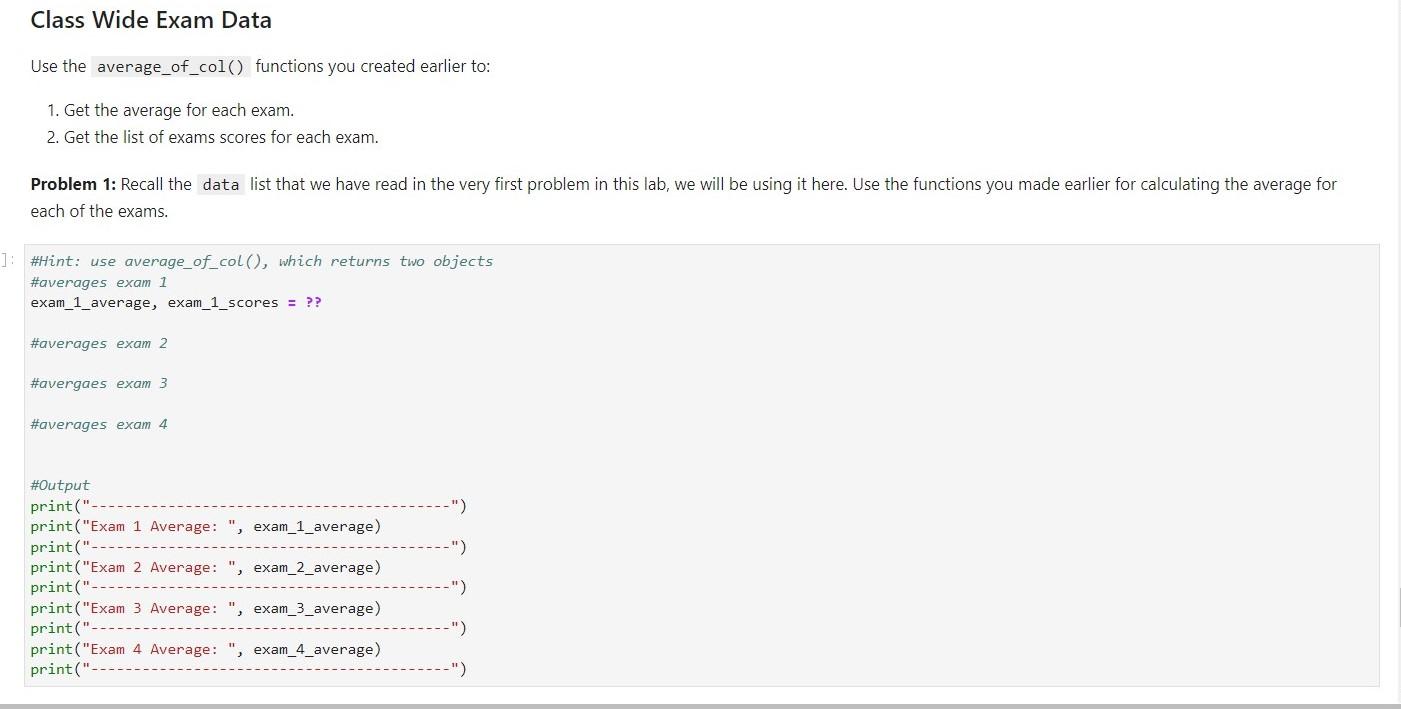 Solved Class Wide Exam Data Use the average_of_col() | Chegg.com