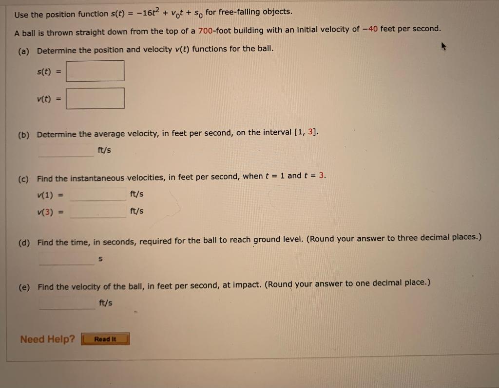 Solved Use the position function s(t) = -16t2 + vot + so for | Chegg.com
