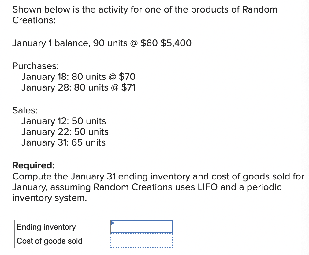 Solved Shown below is the activity for one of the products | Chegg.com
