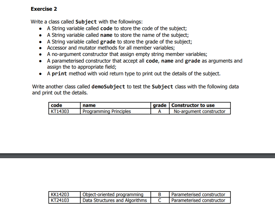 Solved Exercise 2 Write a class called Subject with the | Chegg.com