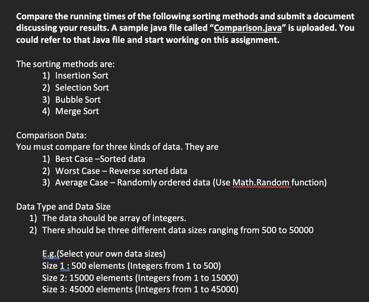 Solved Compare the running times of the following sorting | Chegg.com