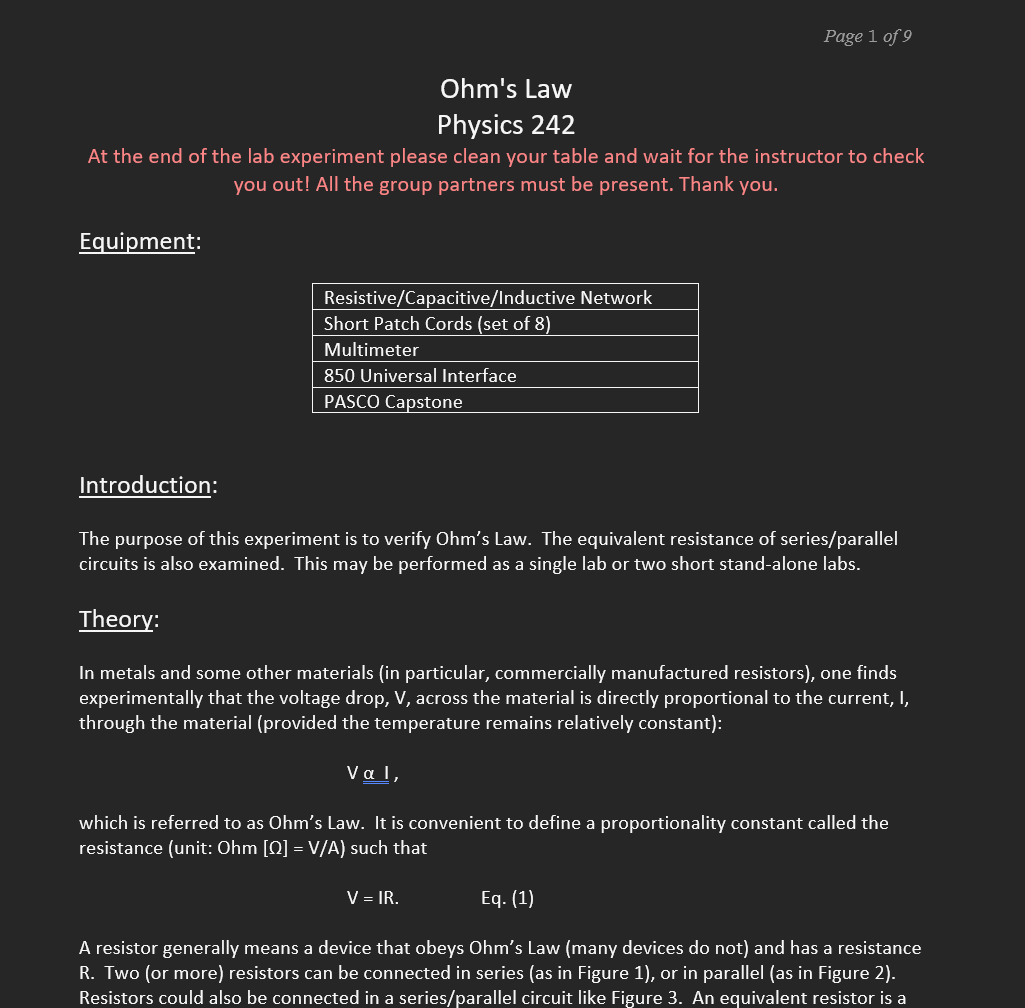 Solved Ohm's LawPhysics 242At the end of the lab experiment | Chegg.com