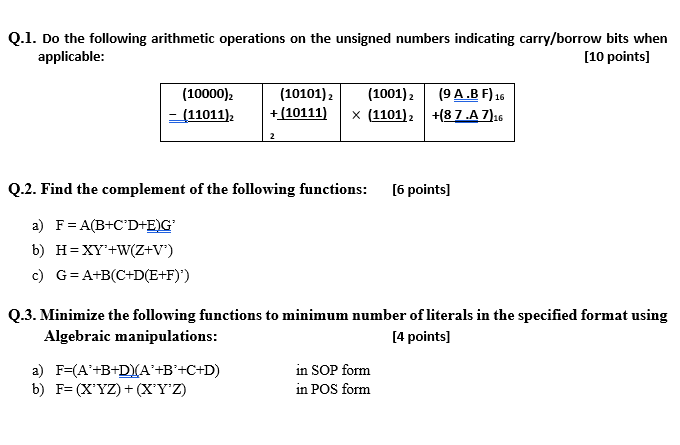 Solved Q.l. Do the following arithmetic operations on the | Chegg.com
