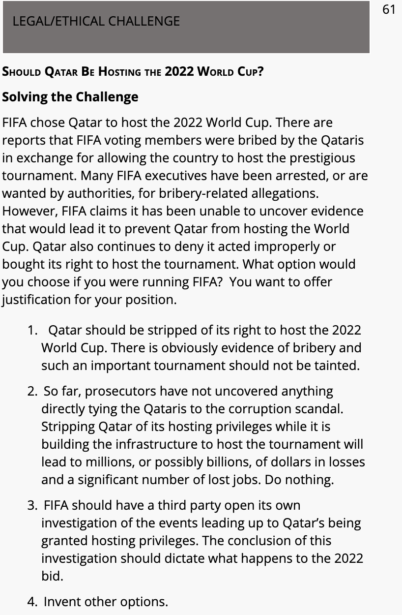 Solved 61 LEGAL/ETHICAL CHALLENGE SHOULD QATAR BE HOSTING | Chegg.com
