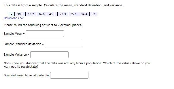 Solved This data is from a sample. Calculate the mean, | Chegg.com