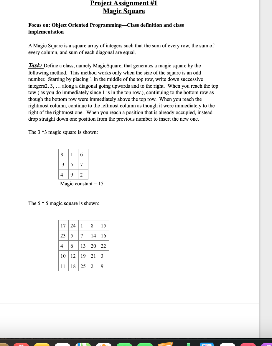Solved Project Assignment #1 Magic Square Focus on: Object | Chegg.com