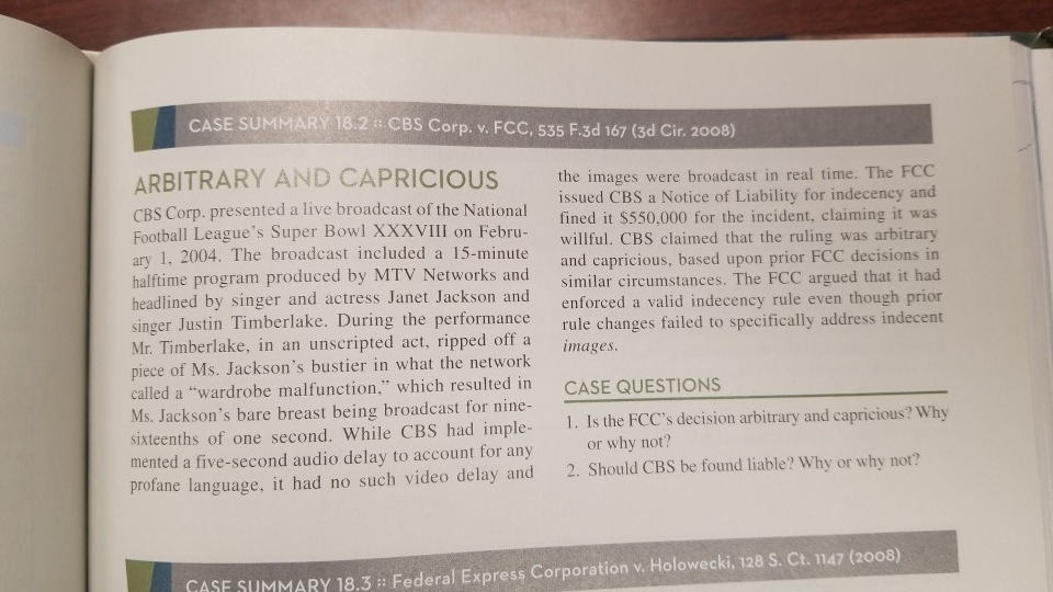 Solved CASE SUMMARY 18.2 CBS Corp. v. FCC, 535 F.3d 167 (3d | Chegg.com