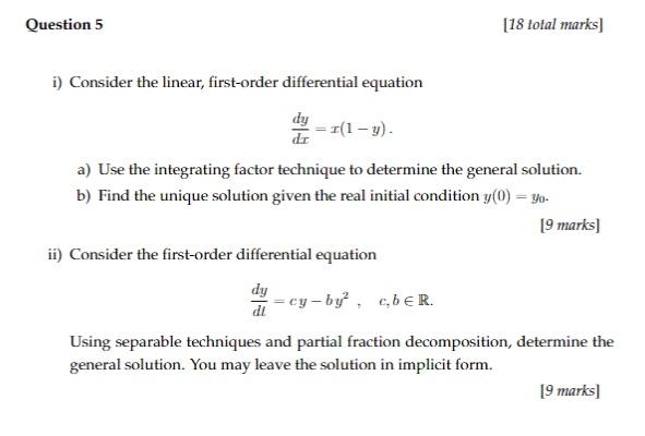Solved i) Consider the linear, first-order differential | Chegg.com