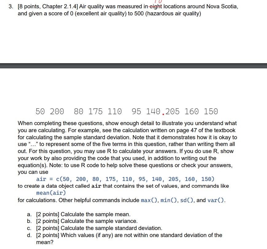 Solved 3. [8 points, Chapter 2.1.4] Air quality was measured | Chegg.com