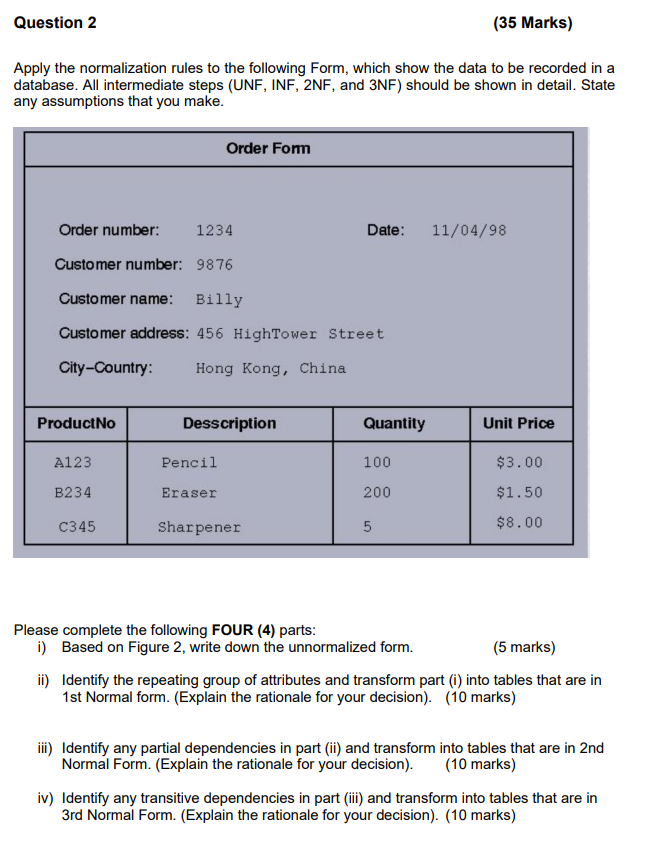 Solved Question 2 (35 Marks) Apply the normalization rules | Chegg.com