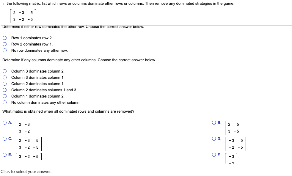 Solved In the following matrix, list which rows or columns | Chegg.com