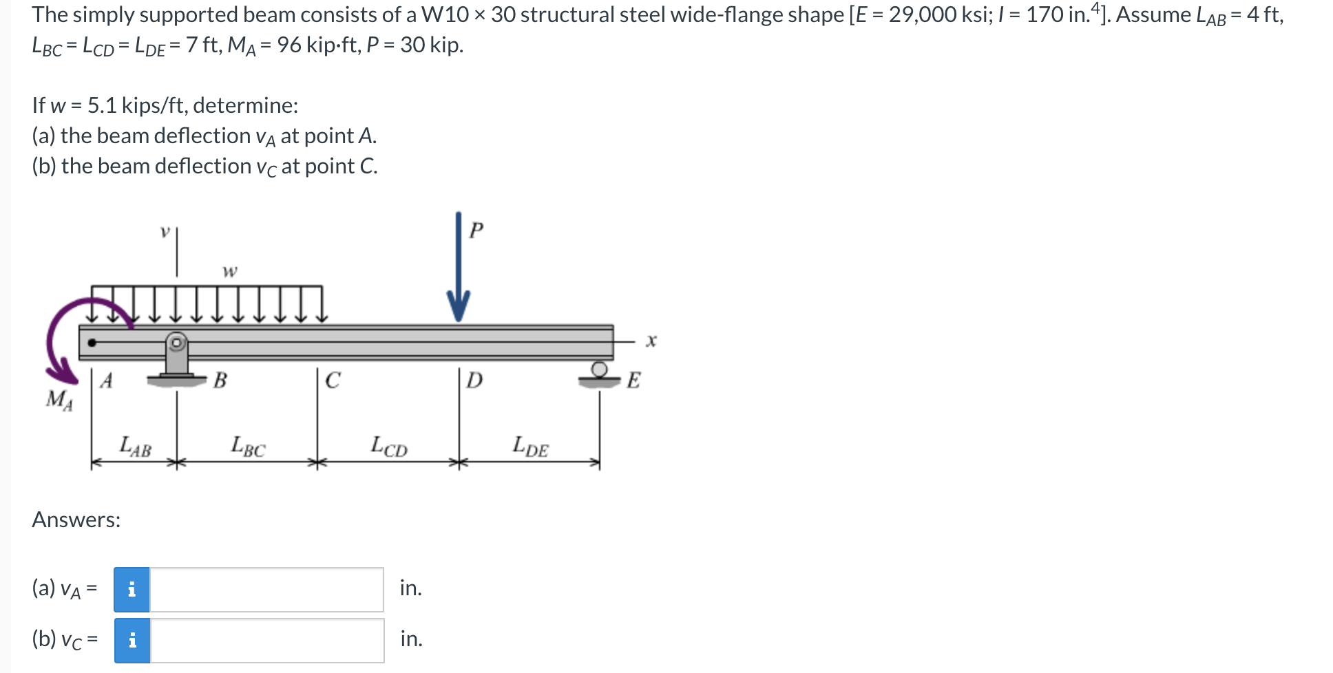 [Solved]: The simply supported beam consists of a W10 30 st