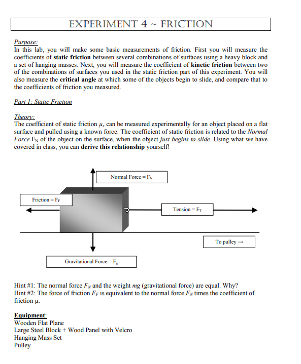 EXPERIMENT 4 - FRICTION Purpose: In This Lab, You ... | Chegg.com