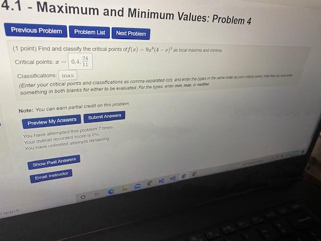 Solved 4.1 - Maximum and Minimum Values: Problem 4 Previous | Chegg.com