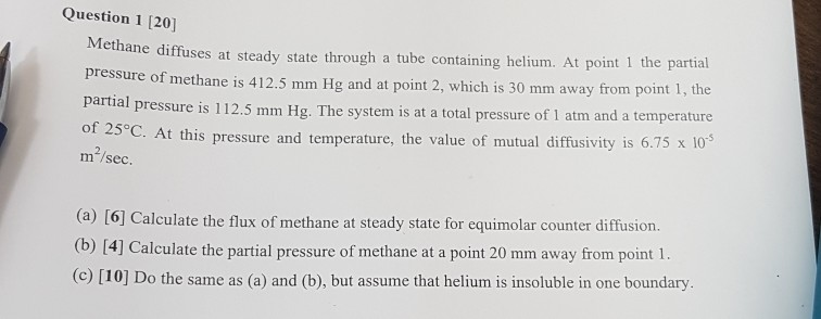 Solved Question 1 [20] Methane diffuses at steady state | Chegg.com