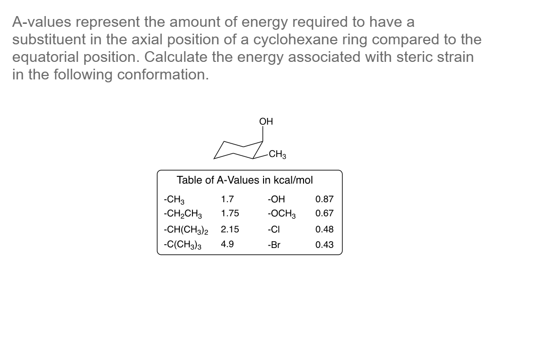 Solved A-values represent the amount of energy required to | Chegg.com