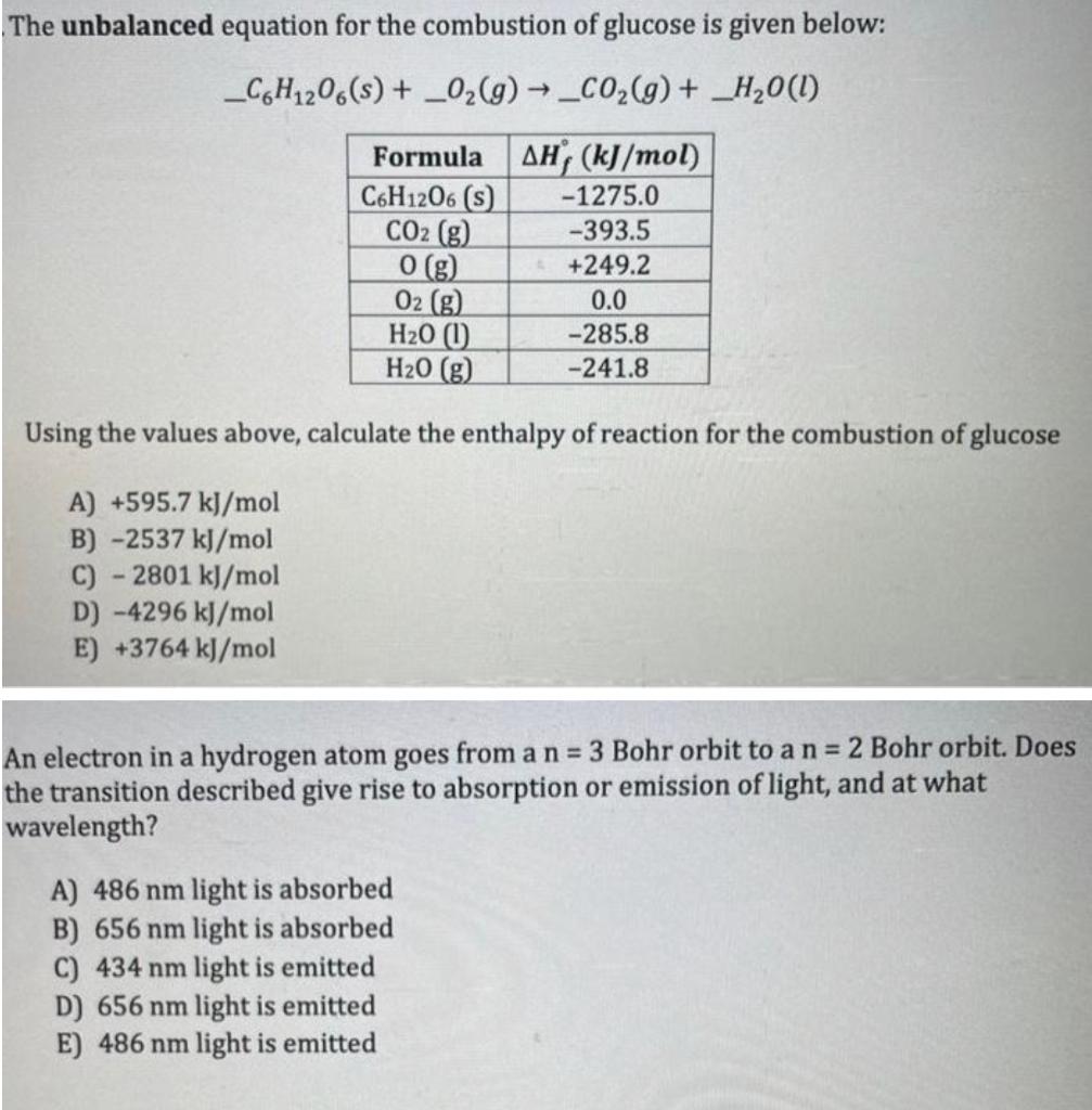 Solved The unbalanced equation for the combustion of glucose | Chegg.com