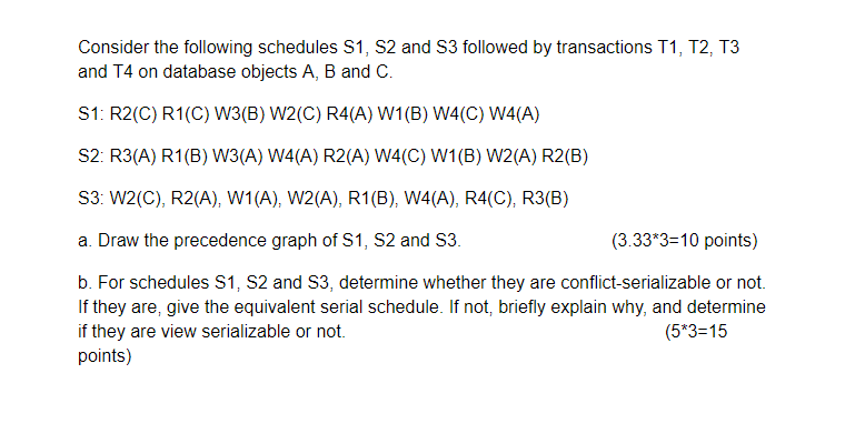 Solved Consider the following schedules S1, S2 and S3 | Chegg.com