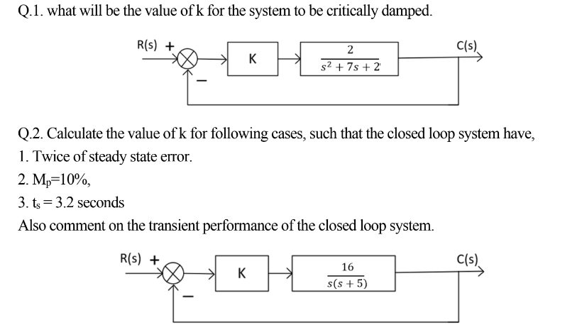 Solved Q.1. what will be the value of k for the system to be | Chegg.com