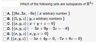 Solved Which of the following sets are subspaces of R3 ? A. | Chegg.com