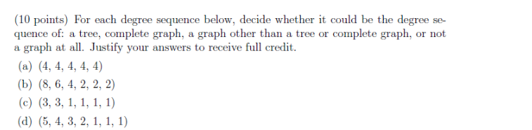 Solved (10 points) For each degree sequence below, decide | Chegg.com