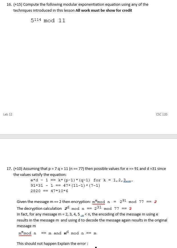 Solved 16. (+15) Compute the following modular | Chegg.com