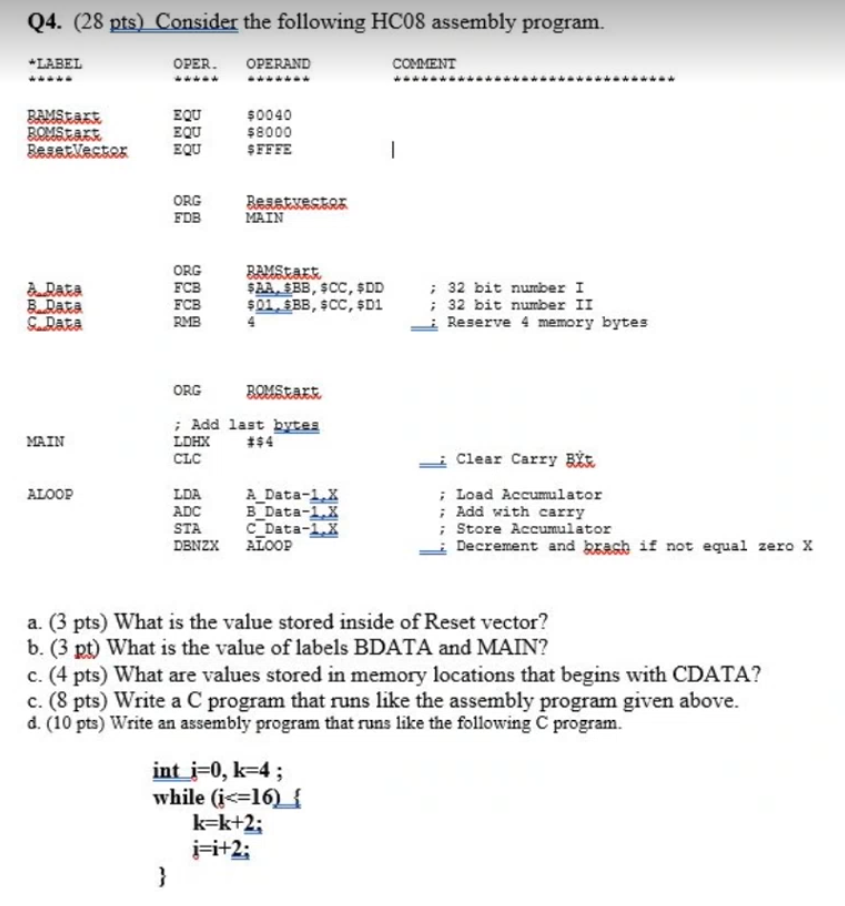 Solved Q4. (28 pts) Consider the following HC08 assembly | Chegg.com