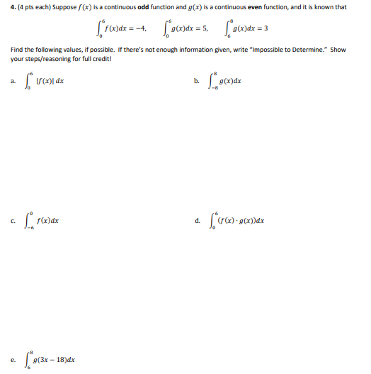 Solved 4. (4 pts each) Suppose f(x) is a continuous odd | Chegg.com