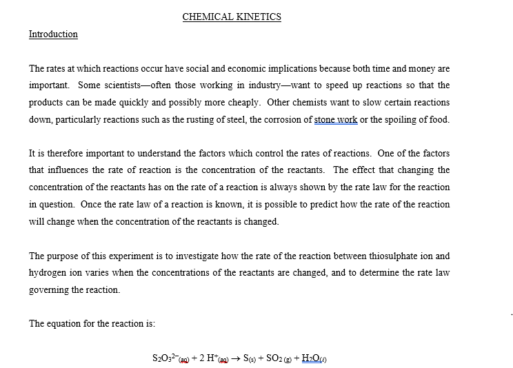 Solved CHEMICAL KINETICS Introduction The rates at which | Chegg.com
