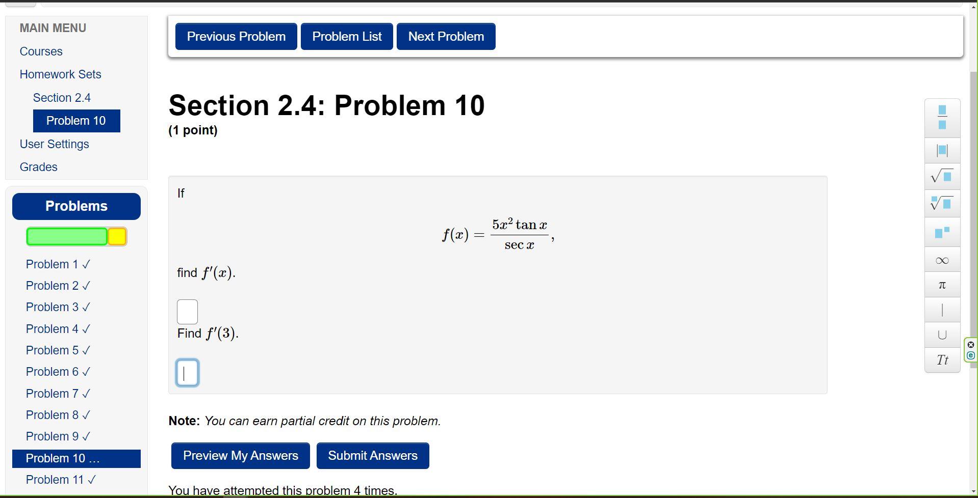 Solved Section 2.4: Problem 10 (1 point) If f(x)=secx5x2tanx | Chegg.com
