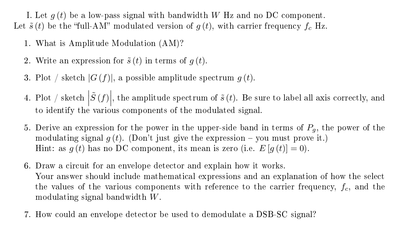 Solved I. Let g(t) be a low-pass signal with bandwidth W Hz | Chegg.com