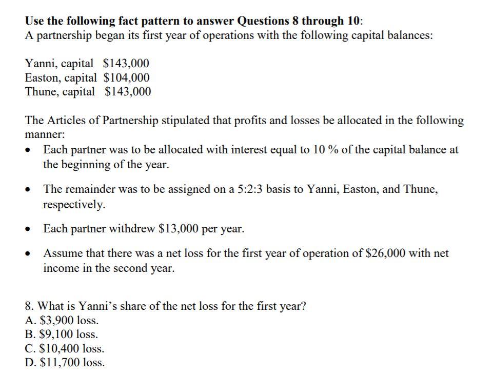 Solved Use the following fact pattern to answer Questions 8 | Chegg.com