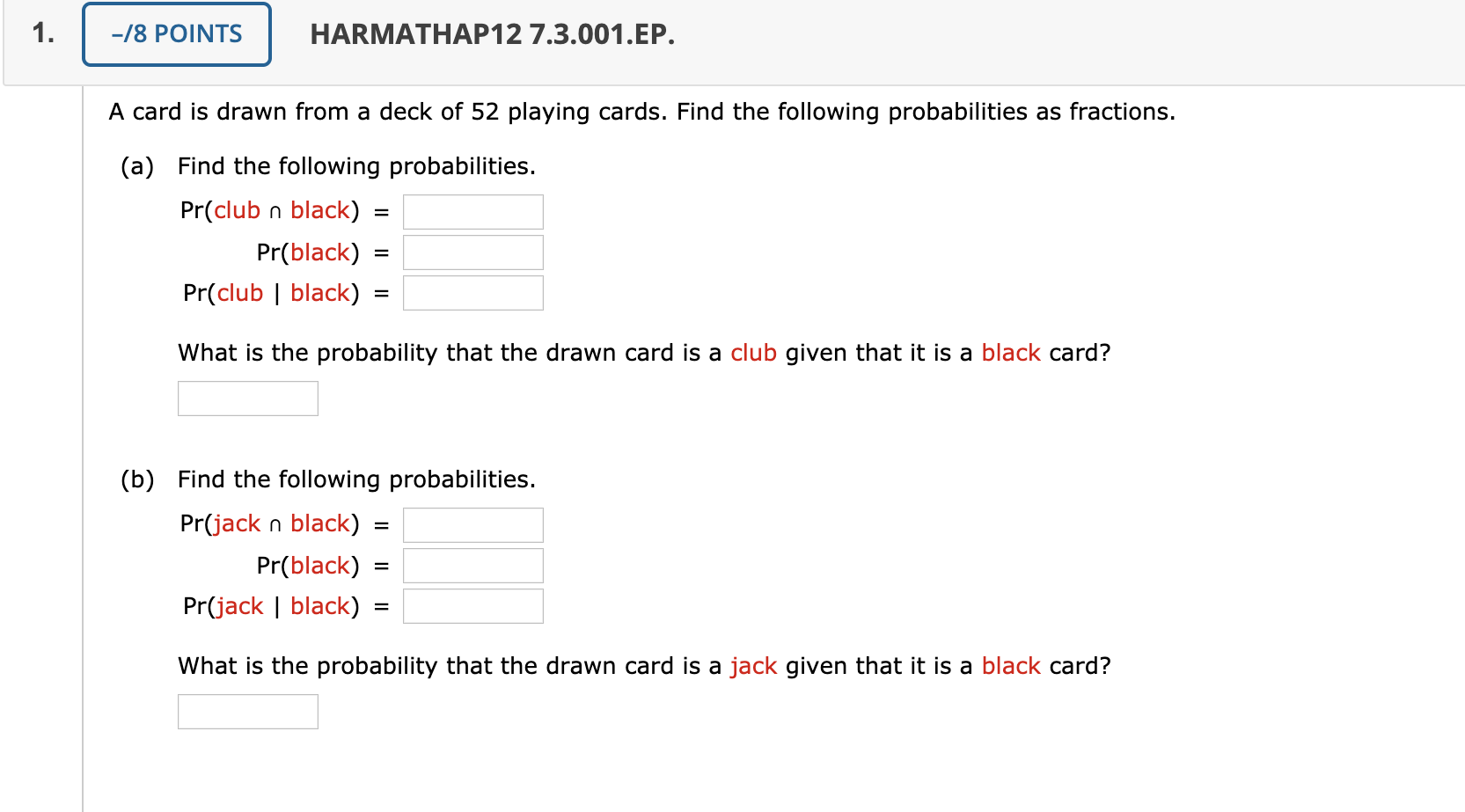 Solved -/8 POINTS HARMATHAP12 7.3.001.EP. A card is drawn | Chegg.com
