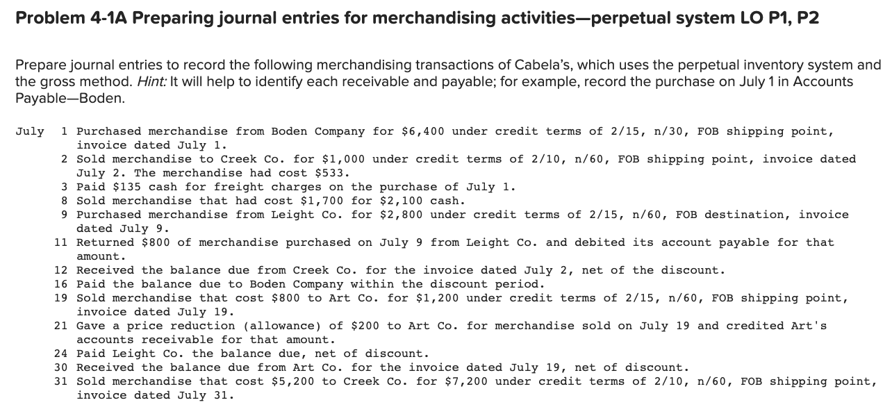 Solved Problem 4-1A Preparing journal entries for | Chegg.com