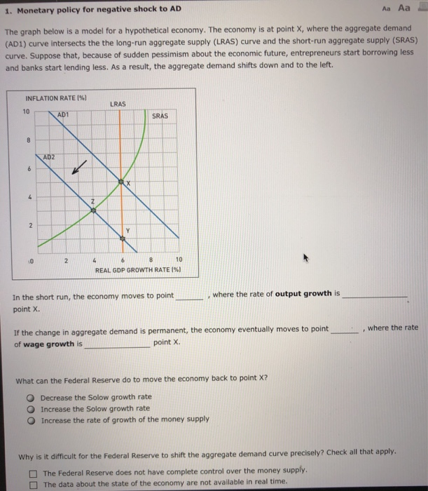 Solved 1. Monetary policy for negative shock to AD Aa Aa The | Chegg.com