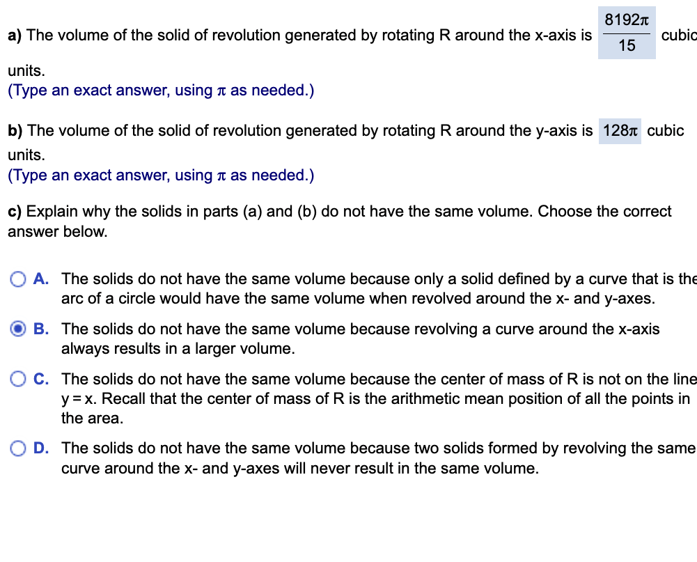 Solved 81921 a) The volume of the solid of revolution | Chegg.com