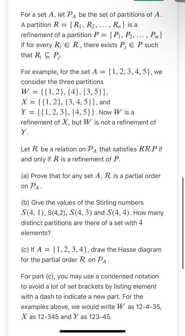 Solved For a set A, let PA be the set of partitions of A. A | Chegg.com