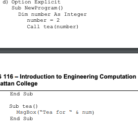 Solved d) Option Explicit Sub New Program () Dim number As | Chegg.com