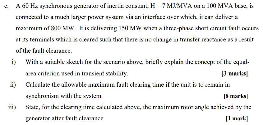 Solved c. A 60 Hz synchronous generator of inertia constant, | Chegg.com